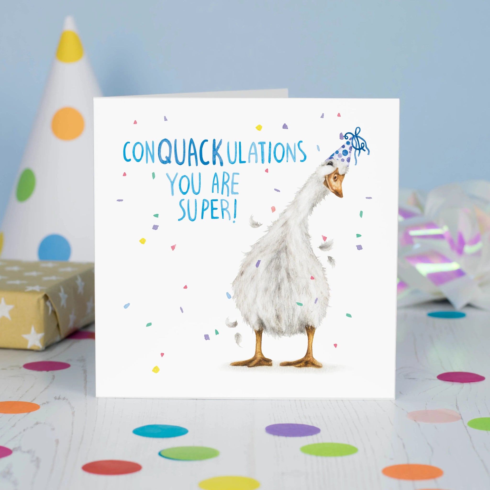Greeting card duck "Conquackulations"
